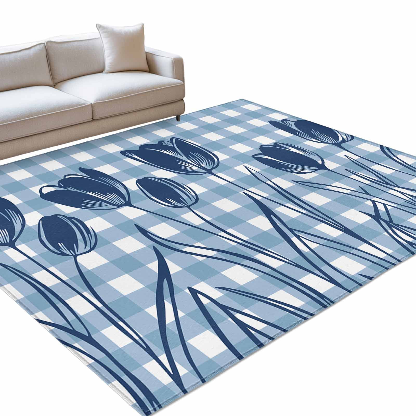 Blue Tulip Area Rugs 3x5ft Blue Flower Silhouette Washable Rug, Non ...