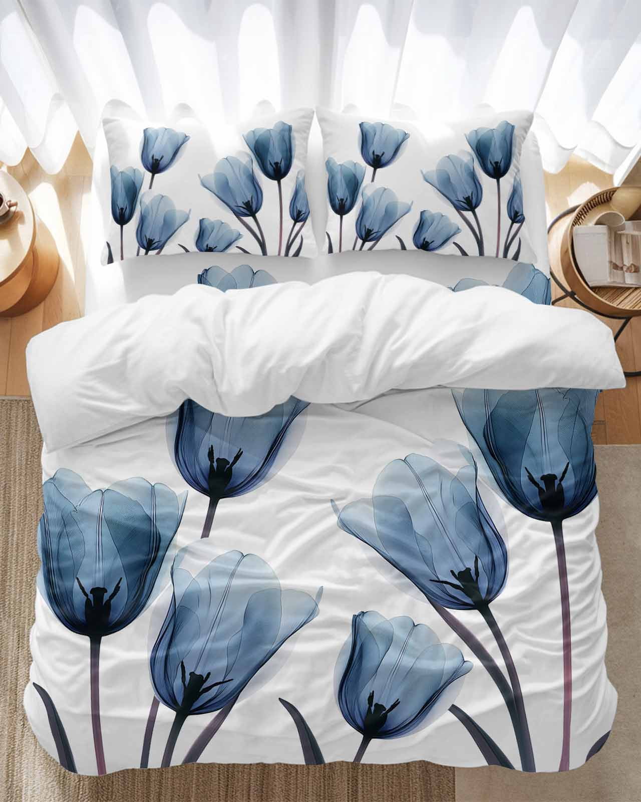 Blue Tulip Bedding Duvet Cover Set Full Size 4 Pieces Minimalist Modern ...