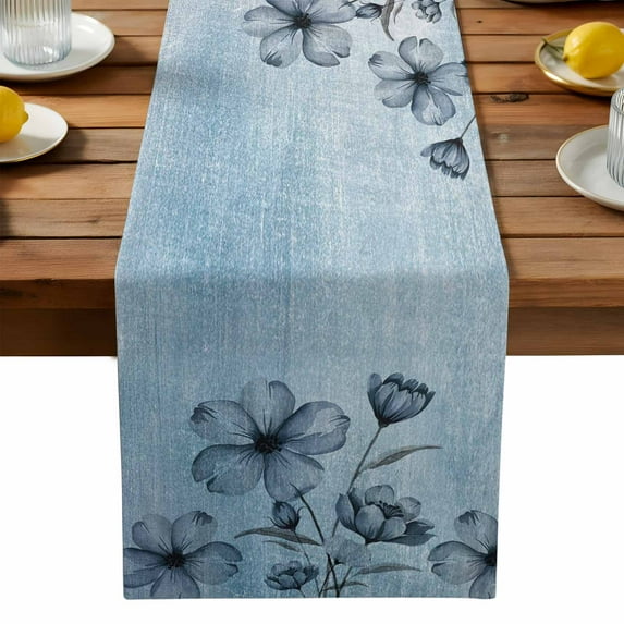 Blue Tulip Buds Table Runner, Botanical Floral Rustic Retro Farm ...
