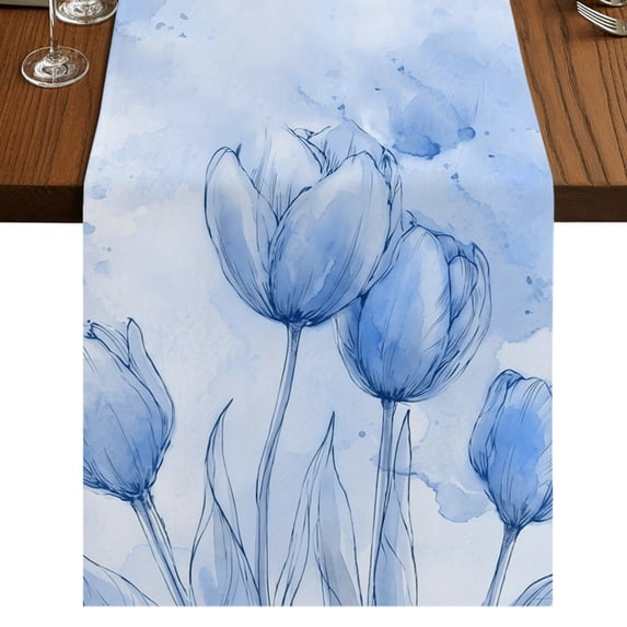 Blue Tulip Burlap Cotton Table Runner 13x70 Inches Long, Watercolor ...