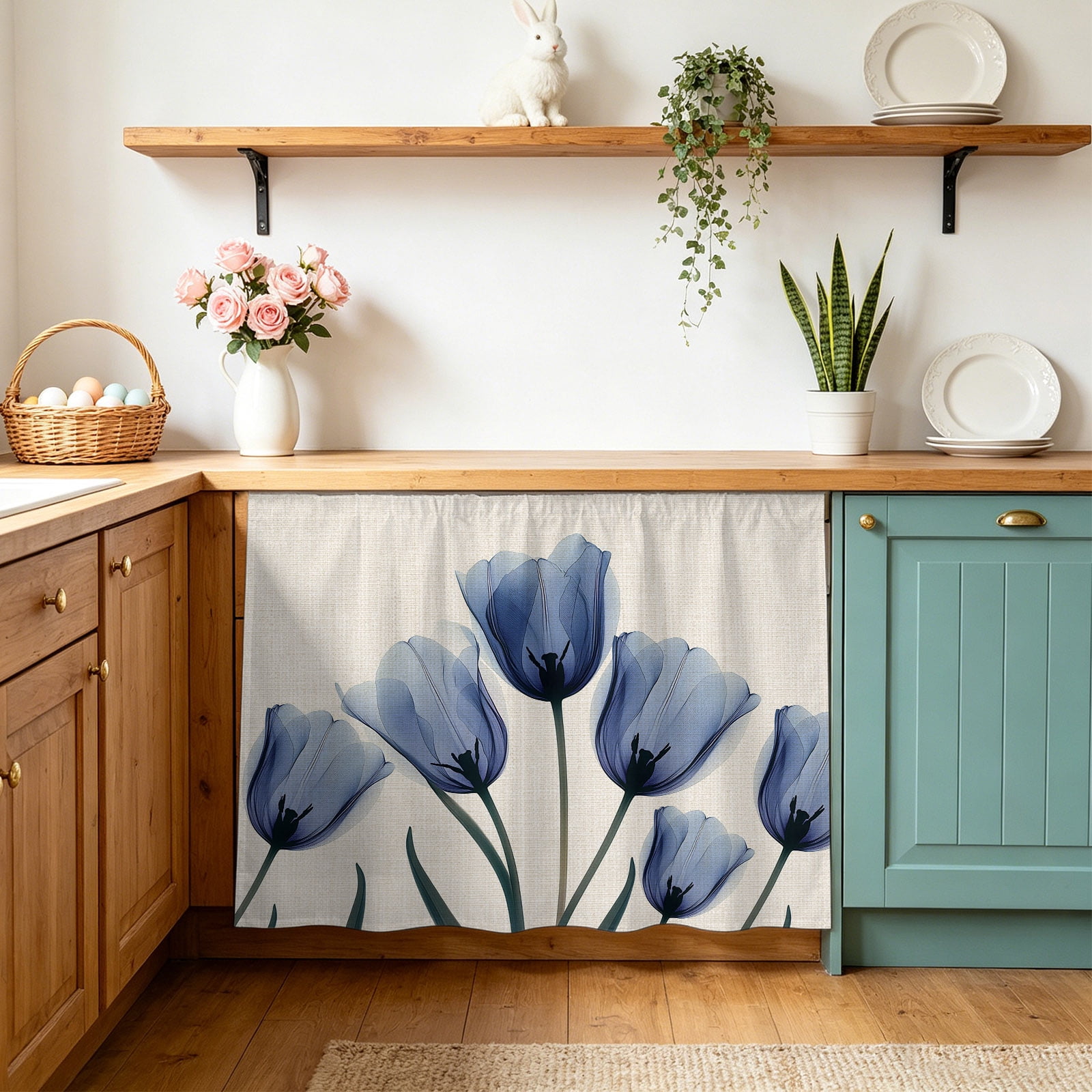 Blue Tulip Cabinet Curtains 28''x35.4'', Rustic Spring Floral Summer ...