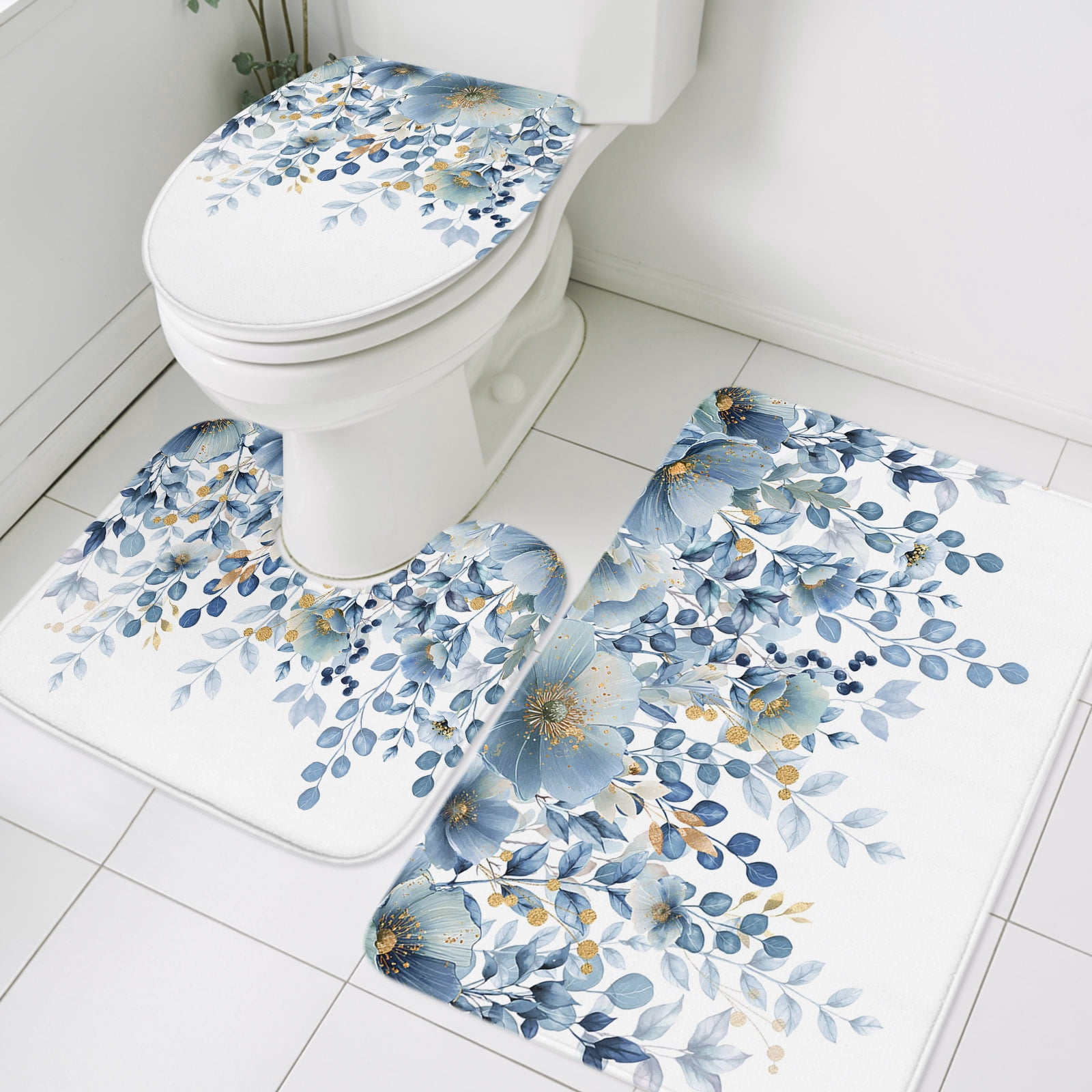 Blue Tulip Eucalyptus Leaf Bathroom Rugs Set Floral Botanical Summer ...