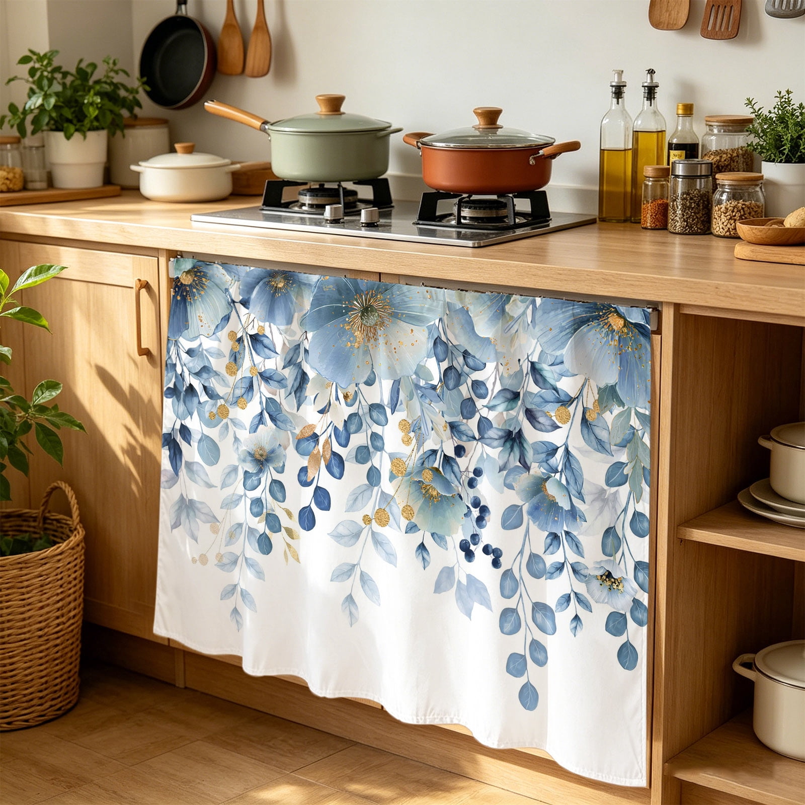 Blue Tulip Eucalyptus Leaf Cabinet Curtains 35" W x 35" L, Floral ...