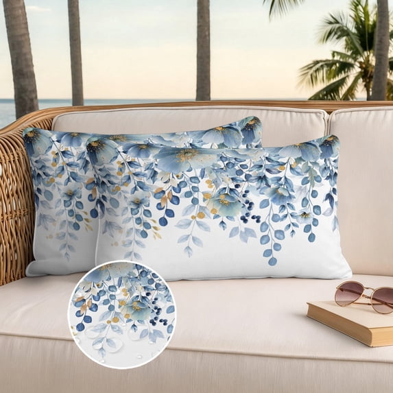 Blue Tulip Eucalyptus Leaf Outdoor Waterproof Throw Pillow Covers Set ...