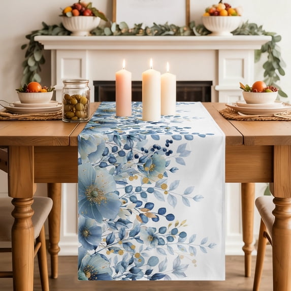 Blue Tulip Eucalyptus Leaf Table Runner, Floral Botanical Summer Spring ...
