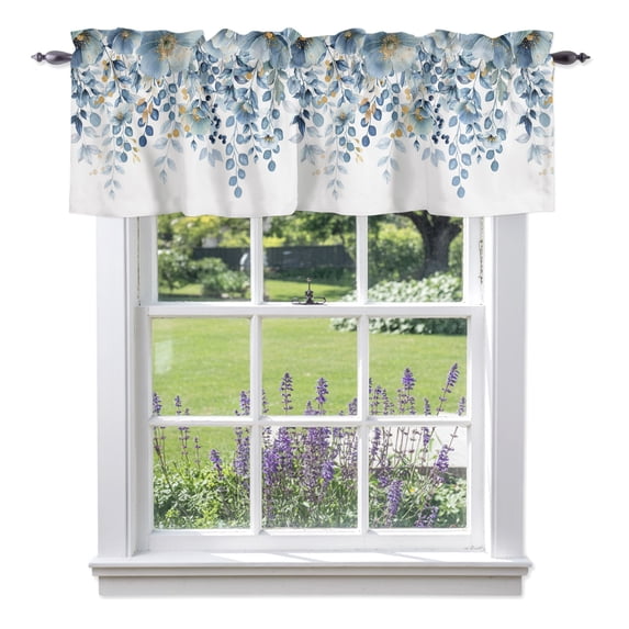 Blue Tulip Eucalyptus Leaf Window Valance for Kitchen, Floral Botanical ...