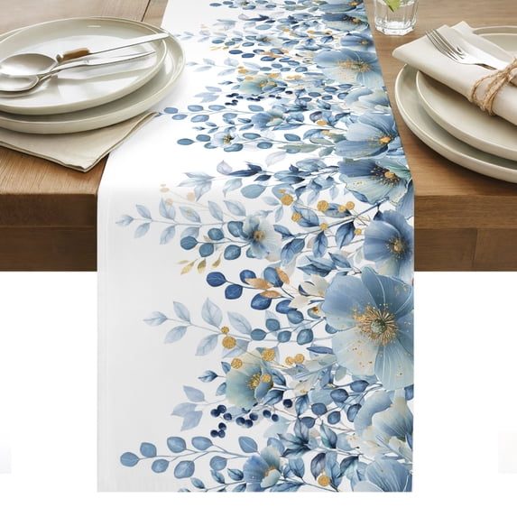 Blue Tulip Eucalyptus Table Runner Spring Summer Botanical Floral Chic ...