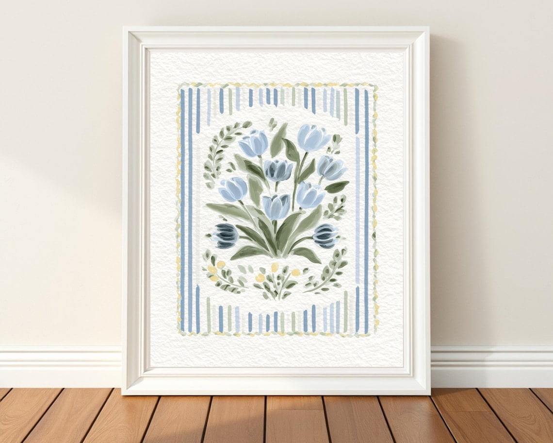 Blue Tulip Floral Art Poster Grandmillennial Cottagecore Decor Poster ...