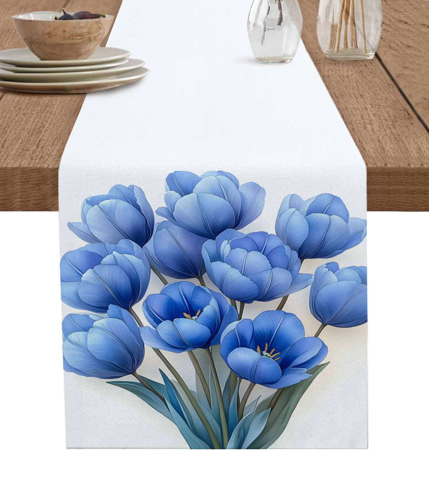 Blue Tulip Floral Burlap Cotton Table Runner 13x48 Inches Long, Spring ...
