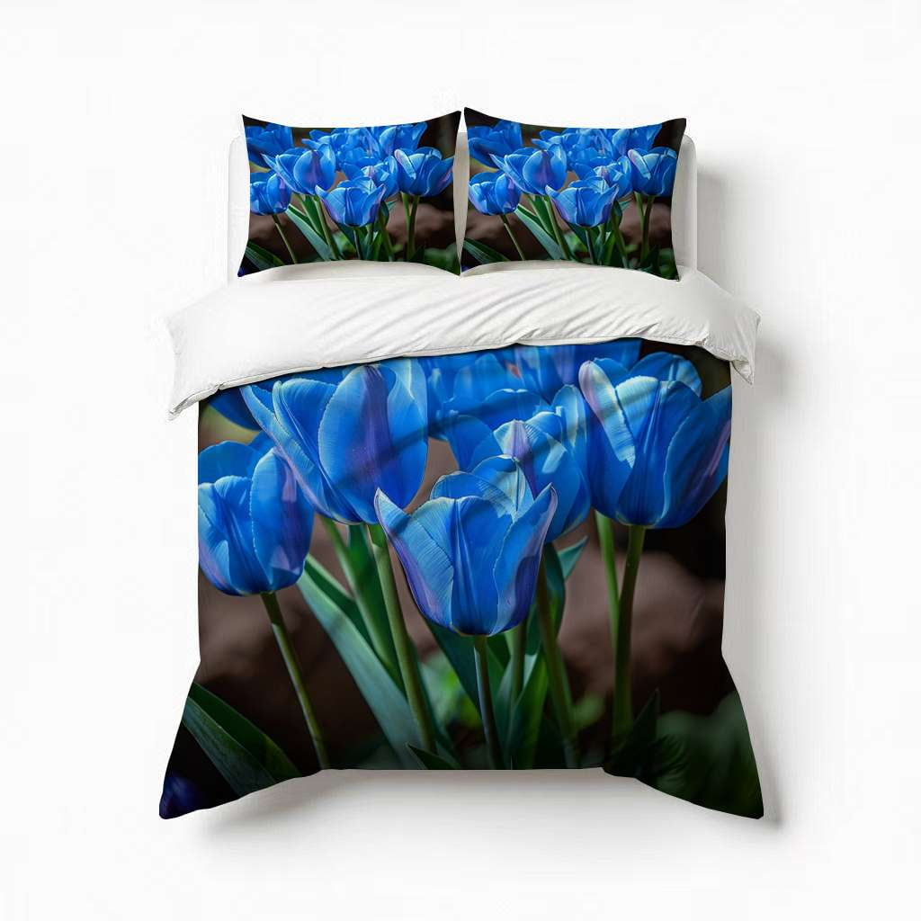 Blue Tulip Flower With Stem Bedding Set 3 Pcs Soft Microfiber Quilt ...