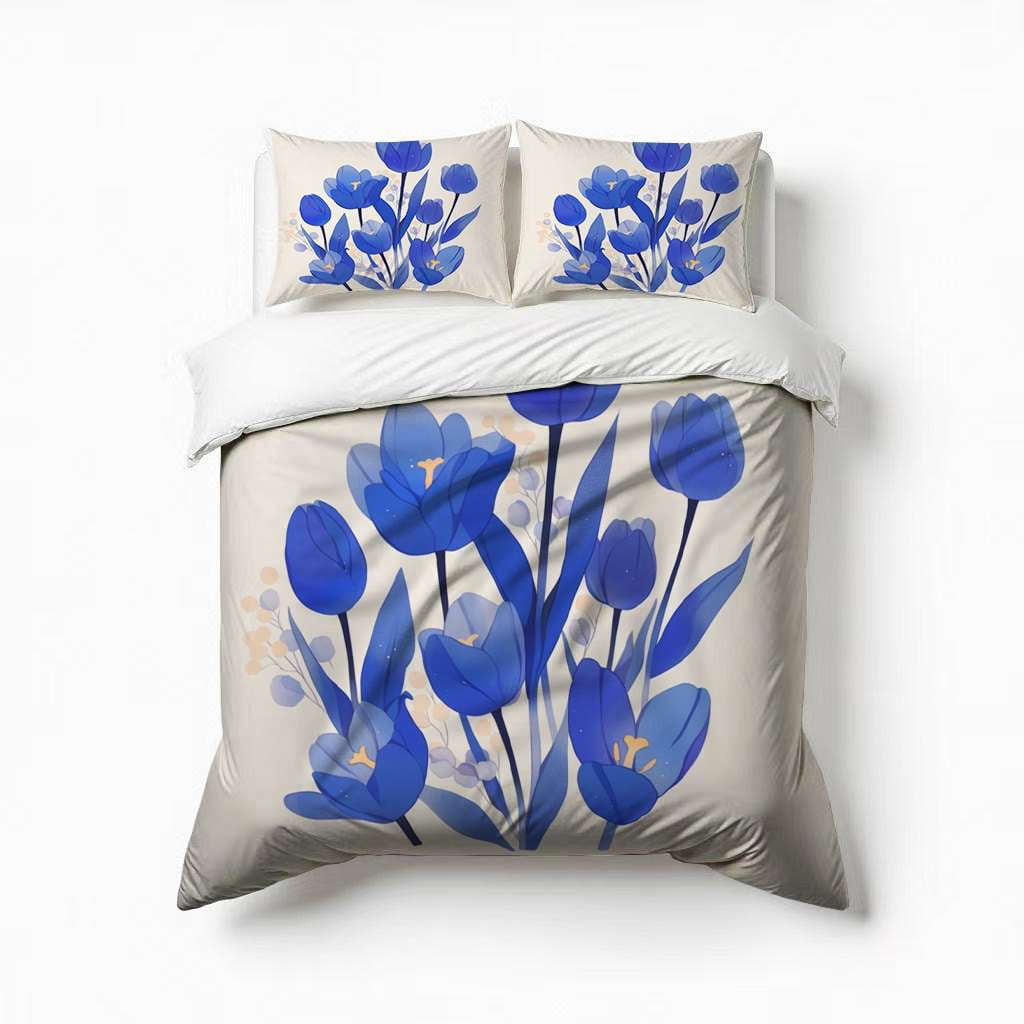 Blue Tulip Flower With Stem Bedding Set 3 Pcs Soft Microfiber Quilt ...