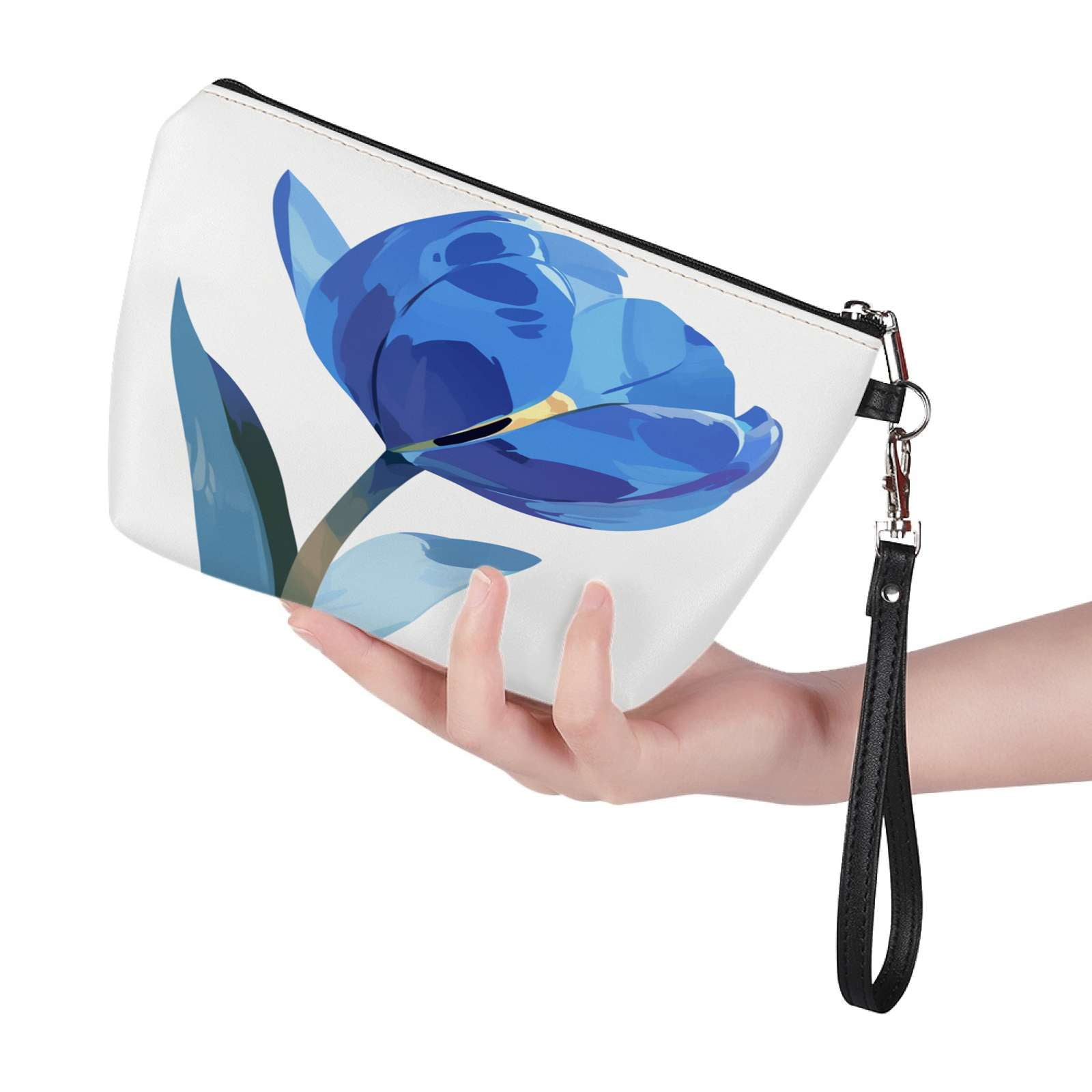 Blue Tulip Flower With Stem Leather Makeup Bag Small Travel Cosmetic ...