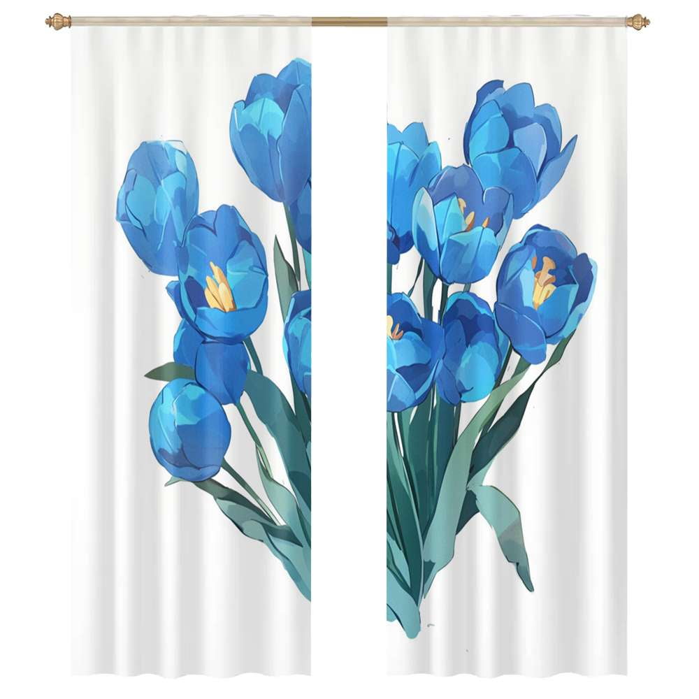 Blue Tulip Flower With Stem Sheer Voile Curtain Window Tulle Curtains ...