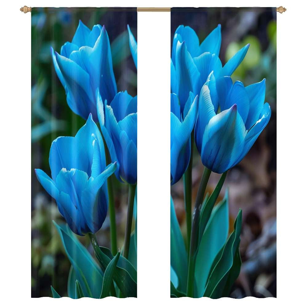 Blue Tulip Flower With Stem Sheer Voile Curtain Window Tulle Curtains ...