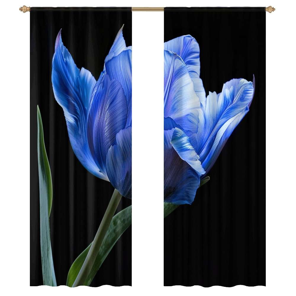 Blue Tulip Flower With Stem Sheer Voile Curtain Window Tulle Curtains ...