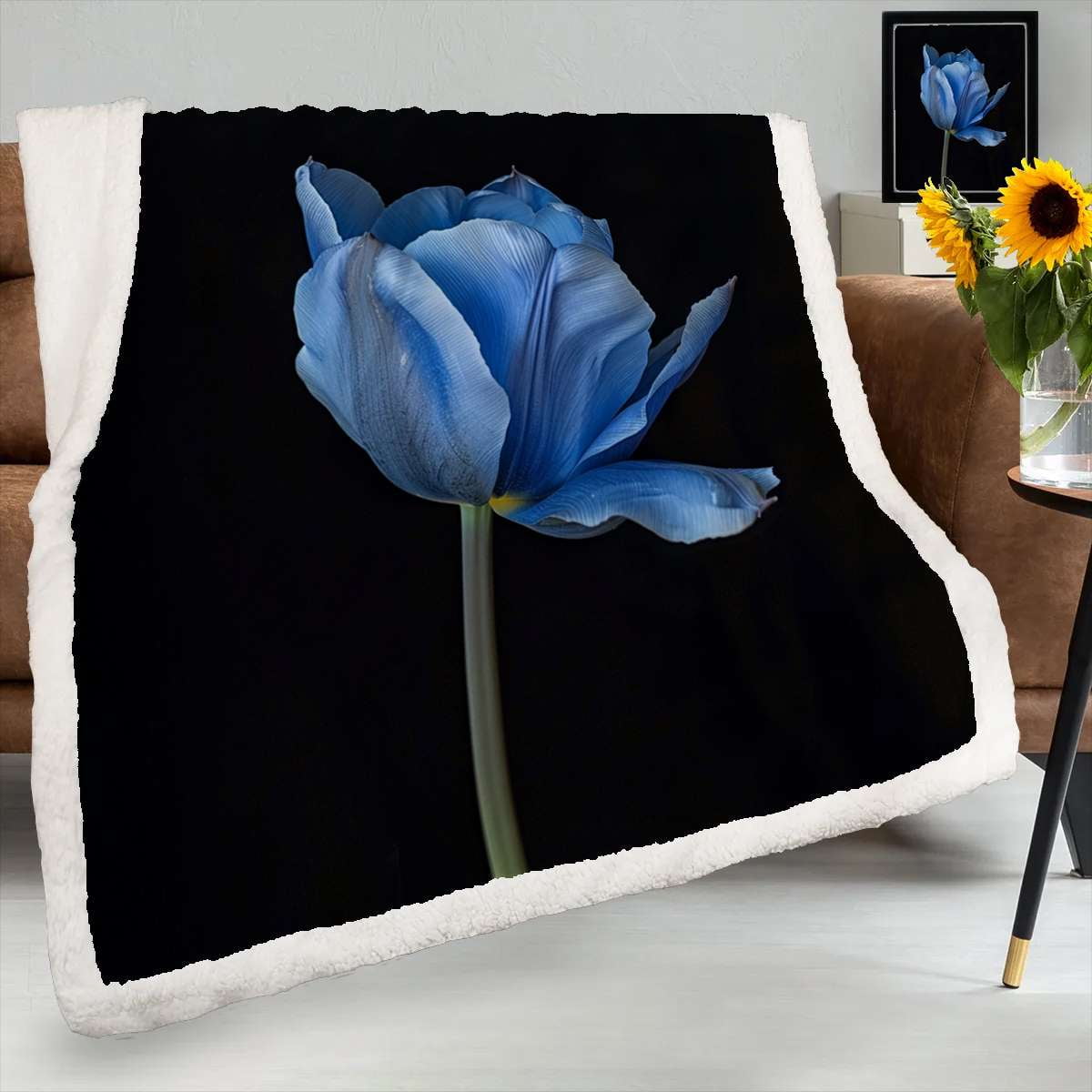 Blue Tulip Flower With Stem Sherpa Blanket Throw Blanket For Bed Chair ...