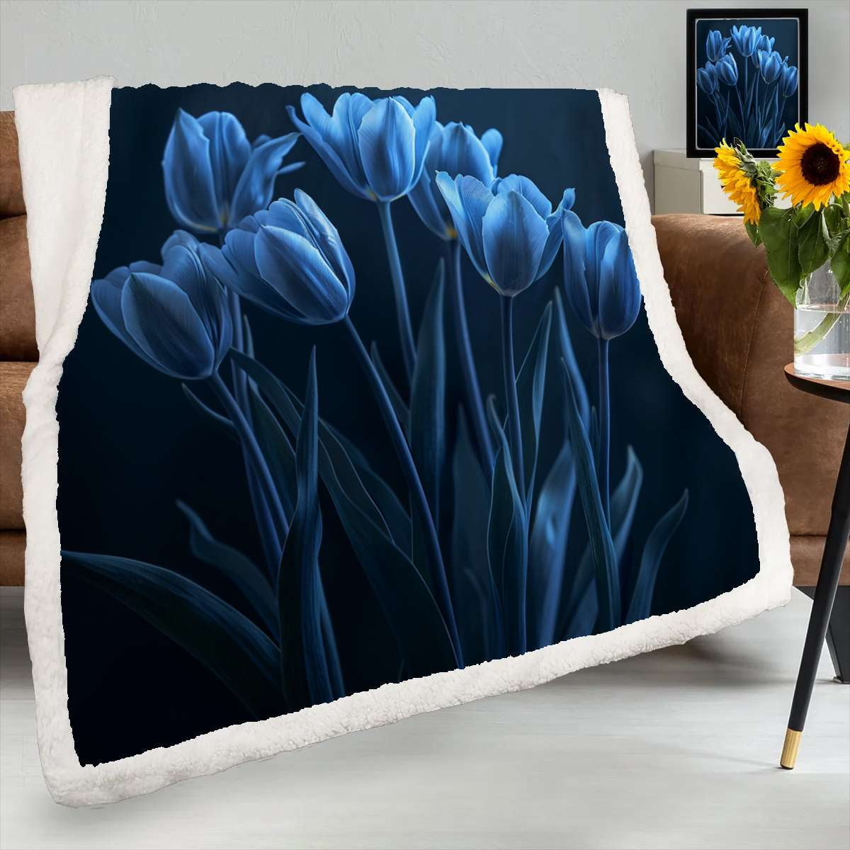 Blue Tulip Flower With Stem Sherpa Blanket Throw Blanket For Bed Chair ...
