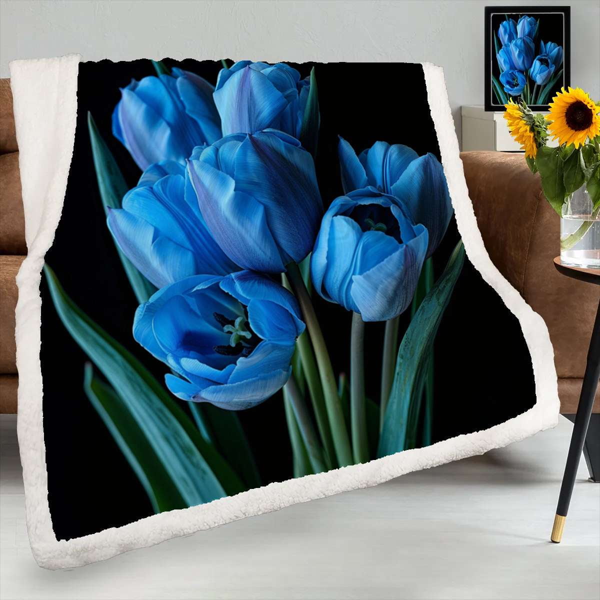 Blue Tulip Flower With Stem Sherpa Blanket Throw Blanket For Bed Chair ...