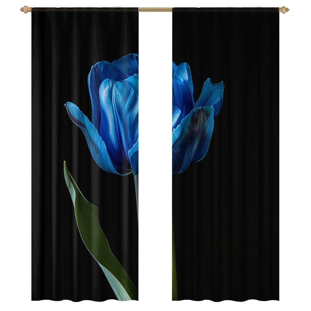 Blue Tulip Flower With Stem Tulle Curtains For Living Room Chiffon ...