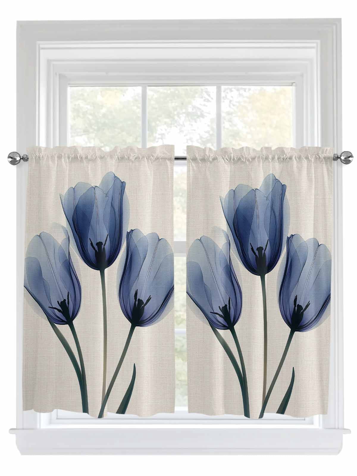 Blue Tulip Kitchen Curtains 45 Inch Length, Rustic Spring Floral Summer ...