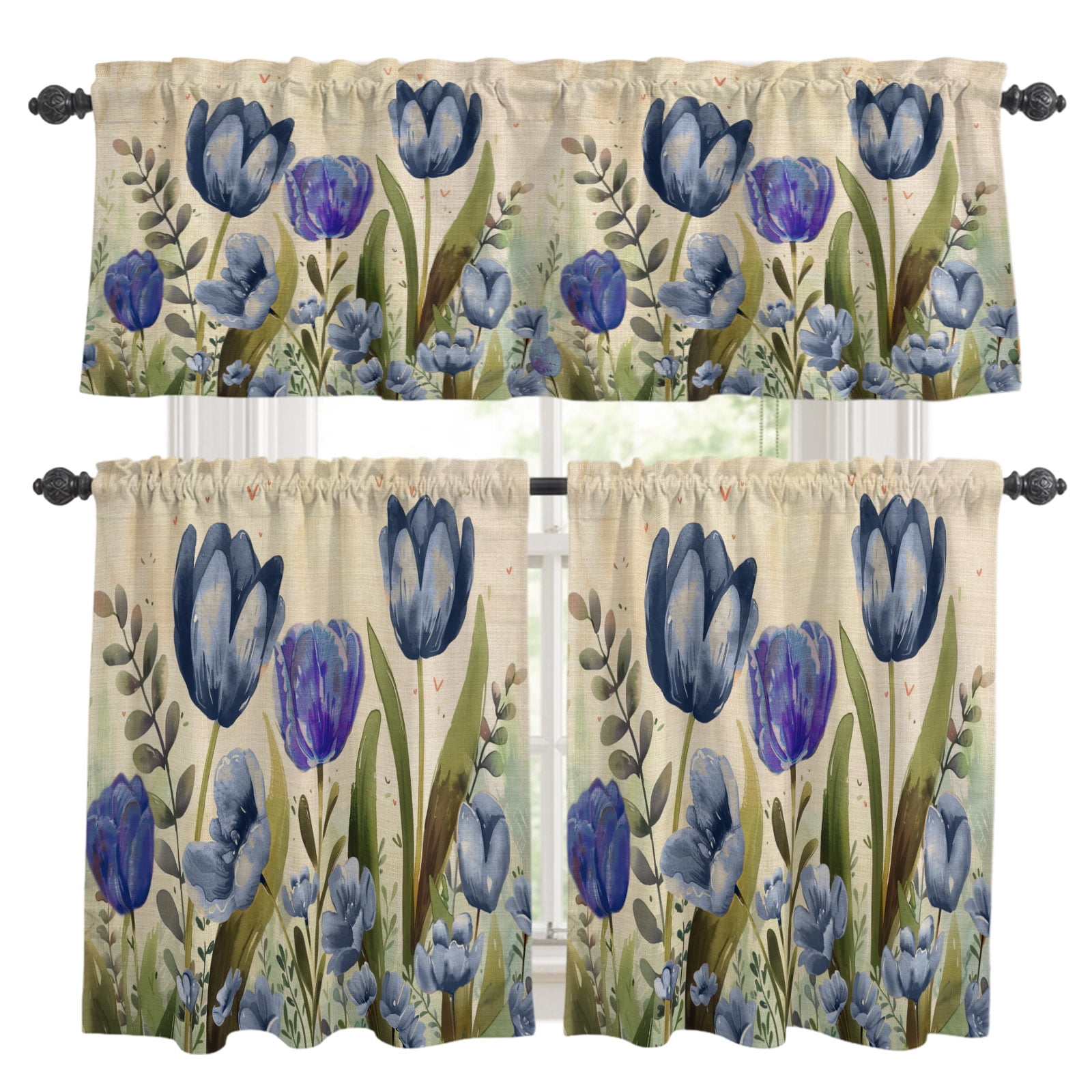 Blue Tulip Kitchen Curtains Valance and Tier Set Watercolor Floral ...