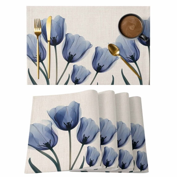 Blue Tulip Placemats Set of 8, Cotton Linen Fabric Place Mats, Rustic ...