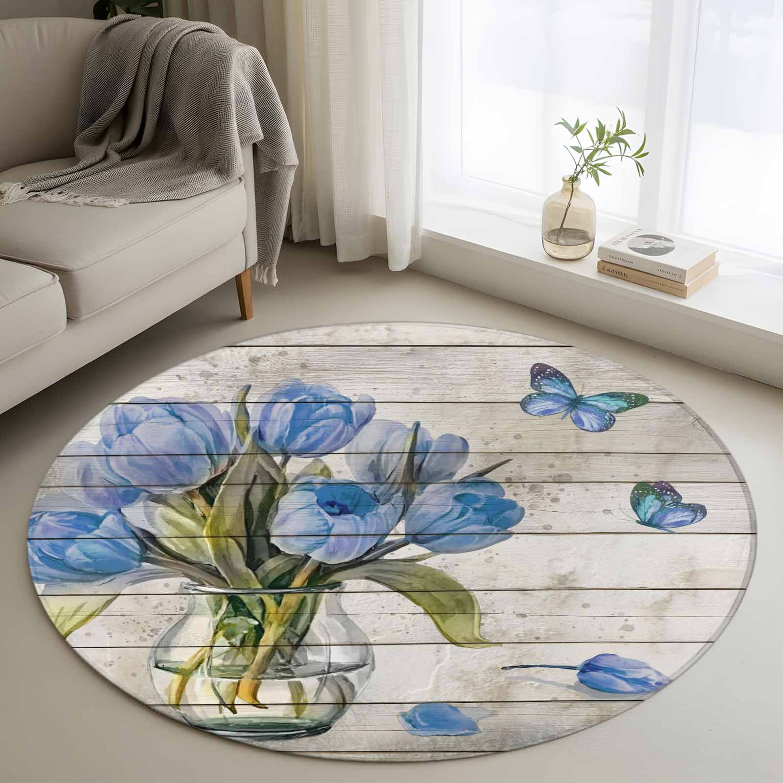 Blue Tulip Round Area Rug 4Ft Washable Circle Rugs for Bedroom Dining ...