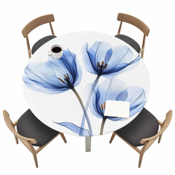 Blue Tulip Round Fitted Tablecloth with Elastic Edge Abstract Flower ...