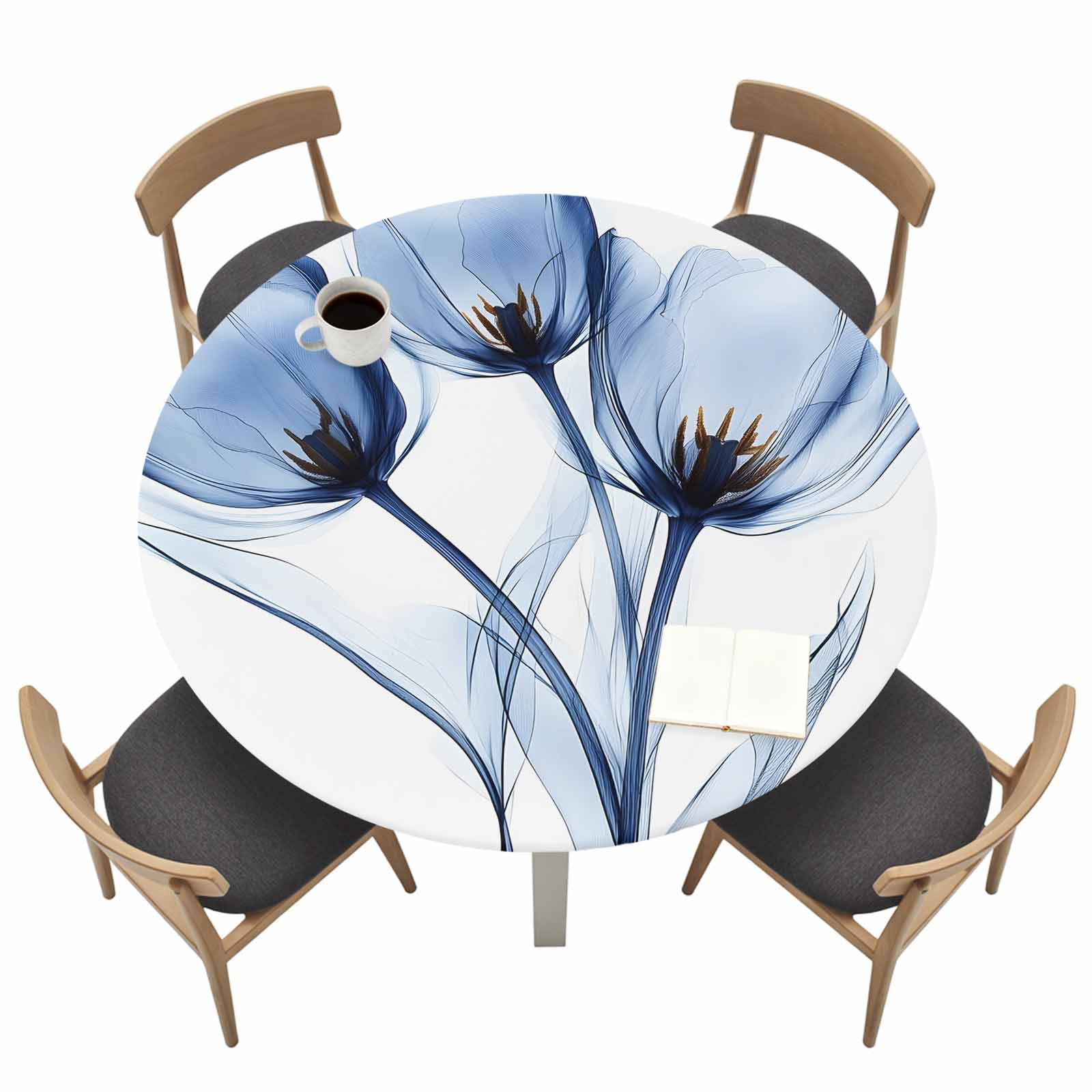 Blue Tulip Round Fitted Tablecloth with Elastic Edge Modern Abstract X ...