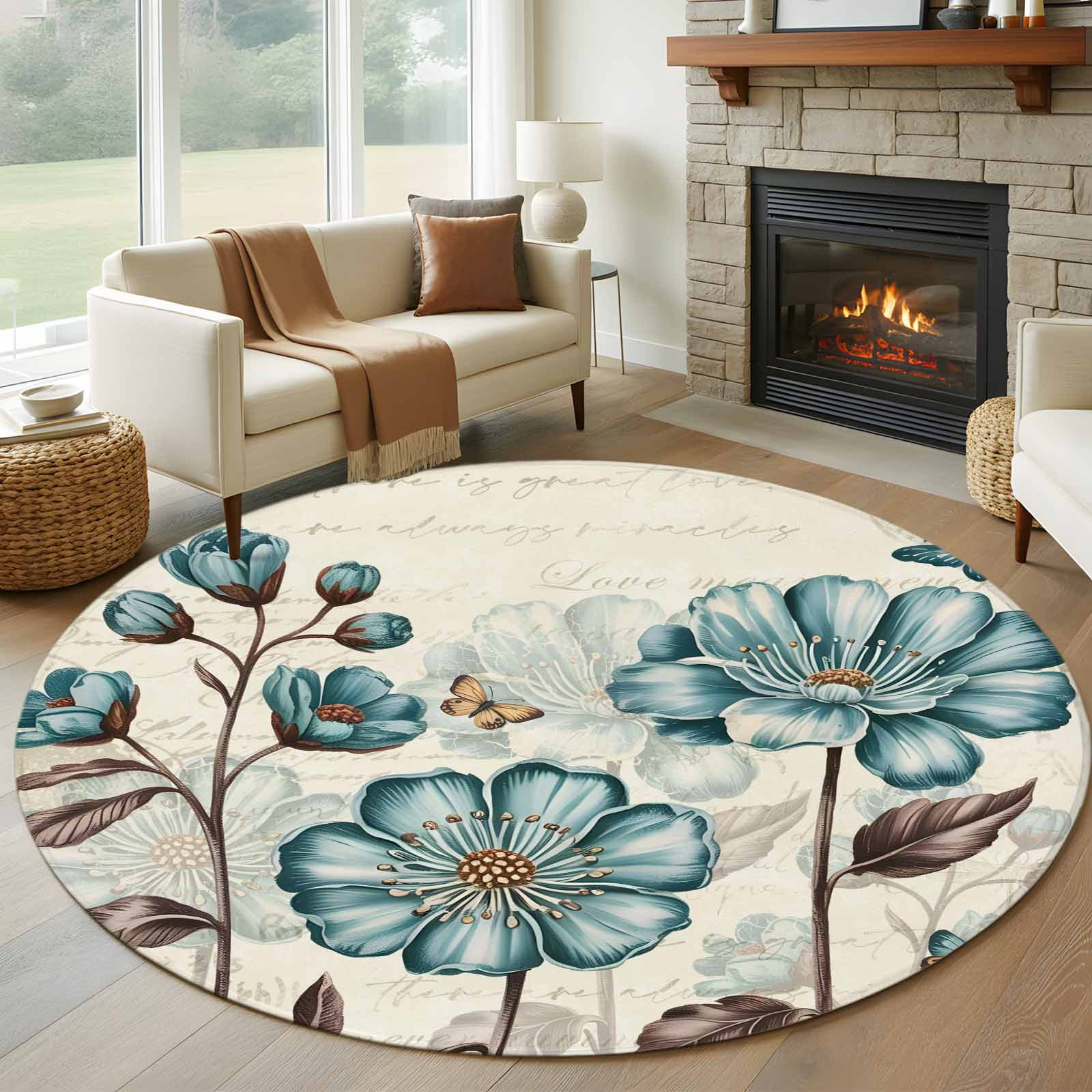 Blue Tulip Round Rug 8ft Washable Circle Rugs Non Slip Vintage Flowers ...