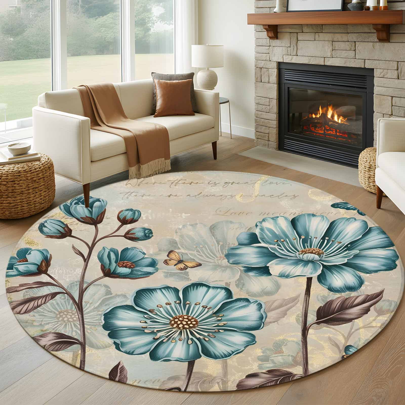 Blue Tulip Round Rug 8ft Washable Circle Rugs Non Slip Vintage Flowers ...