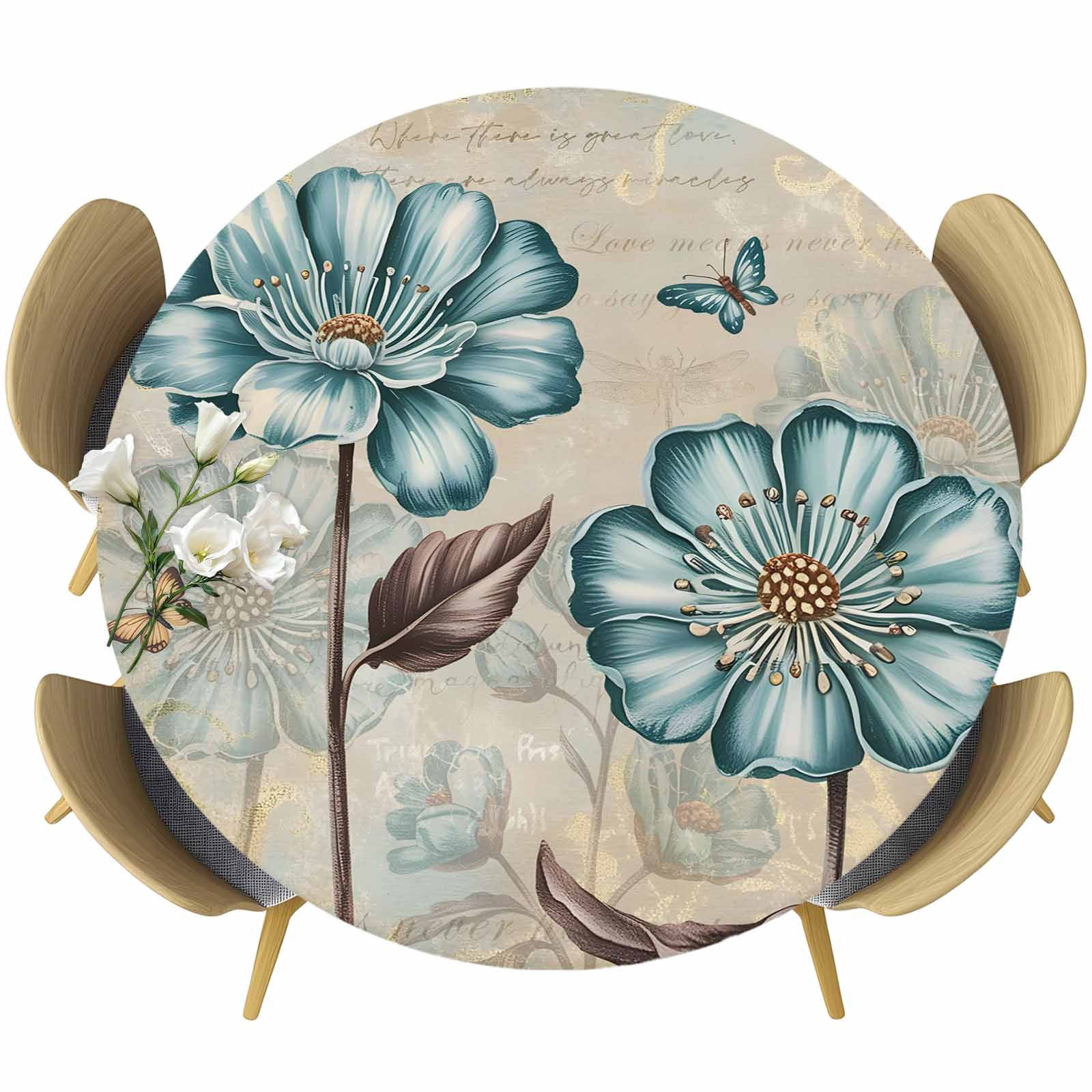 Blue Tulip Round Tablecloth, Fitted Table Cover with Elastic for 55"-60 ...