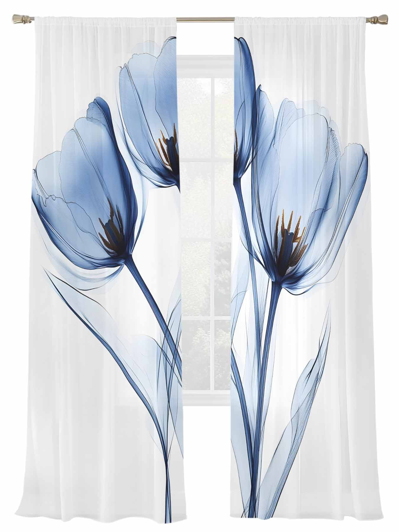 Blue Tulip Sheer Curtains 2 Panels Set Modern Abstract X-ray Floral ...