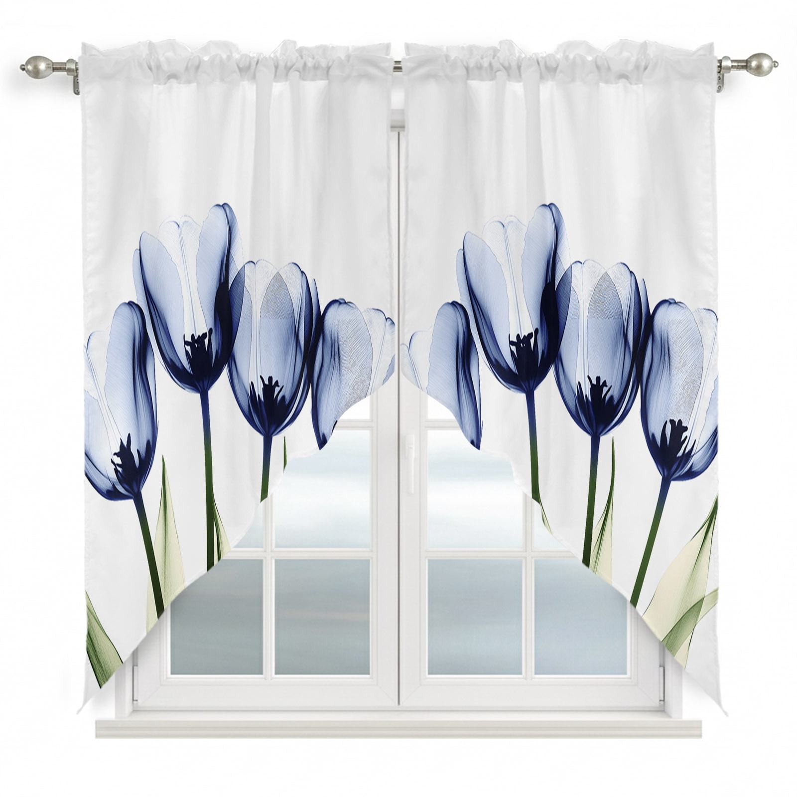 Blue Tulip Swag Curtain Valance for Window 2 Panels Transparent Flowers ...