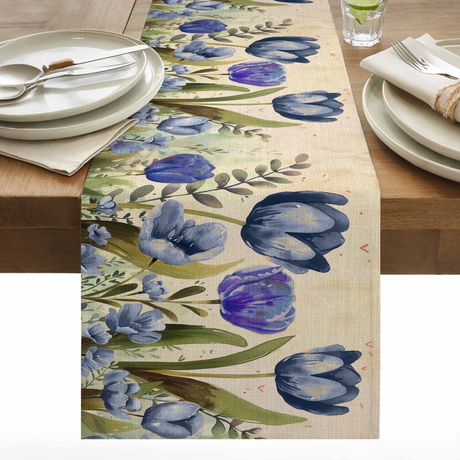 Blue Tulip Table Runner 13x48 inch Watercolor Floral Retro Linen Cotton ...