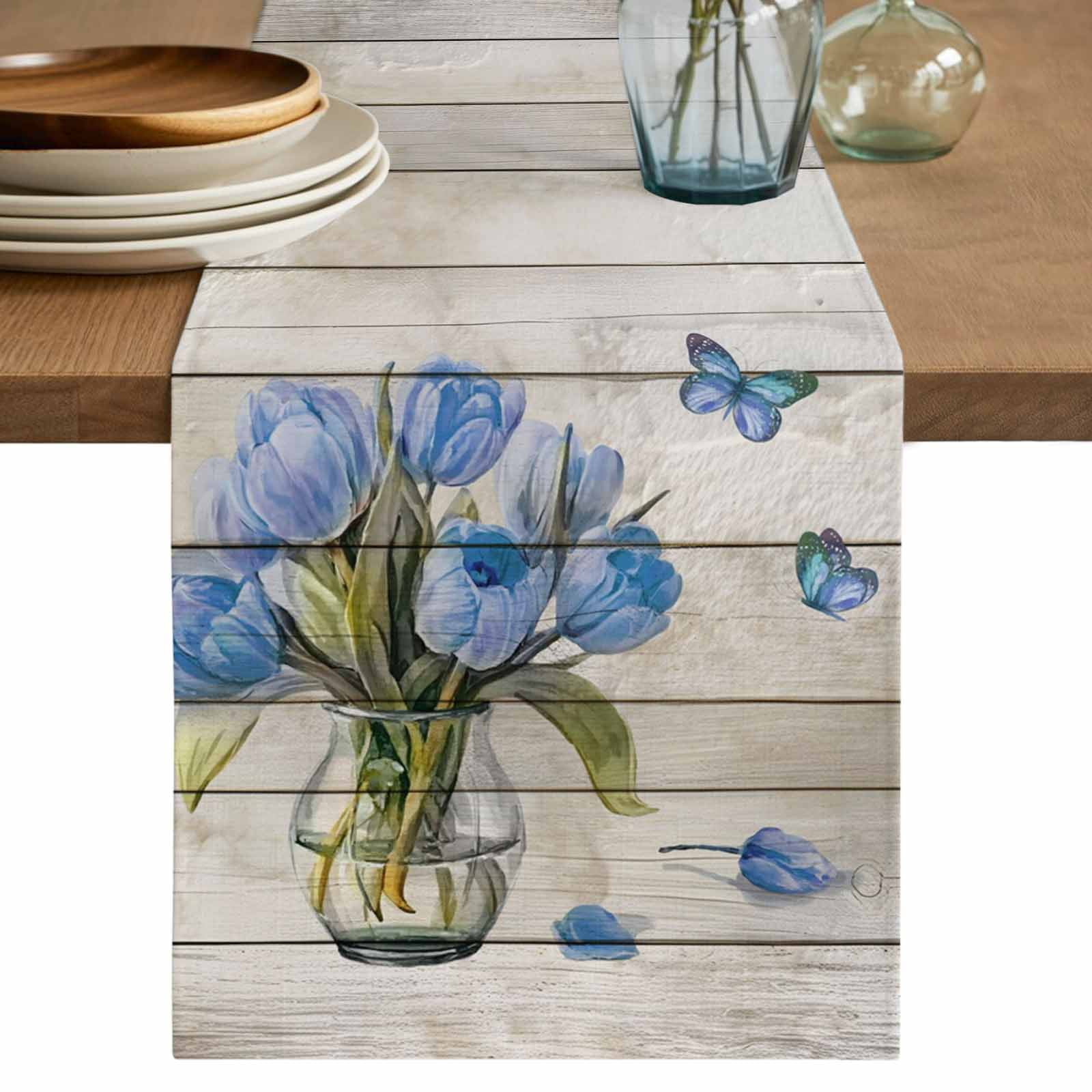 Blue Tulip Table Runner 36 Inches, Vintage Spring Floral Retro Art ...