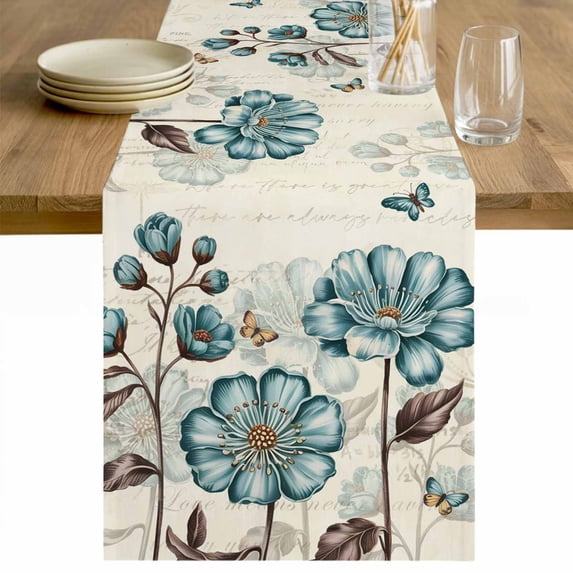 Blue Tulip Table Runner - 48 Inch Long Vintage Flowers Butterfly Plants ...