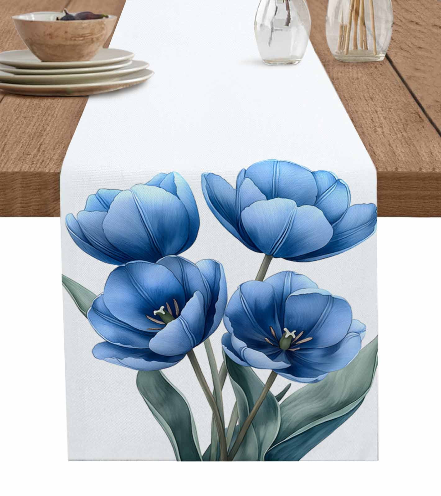 Blue Tulip Table Runner 72 Inches, Botanical Flowers Spring Plants ...