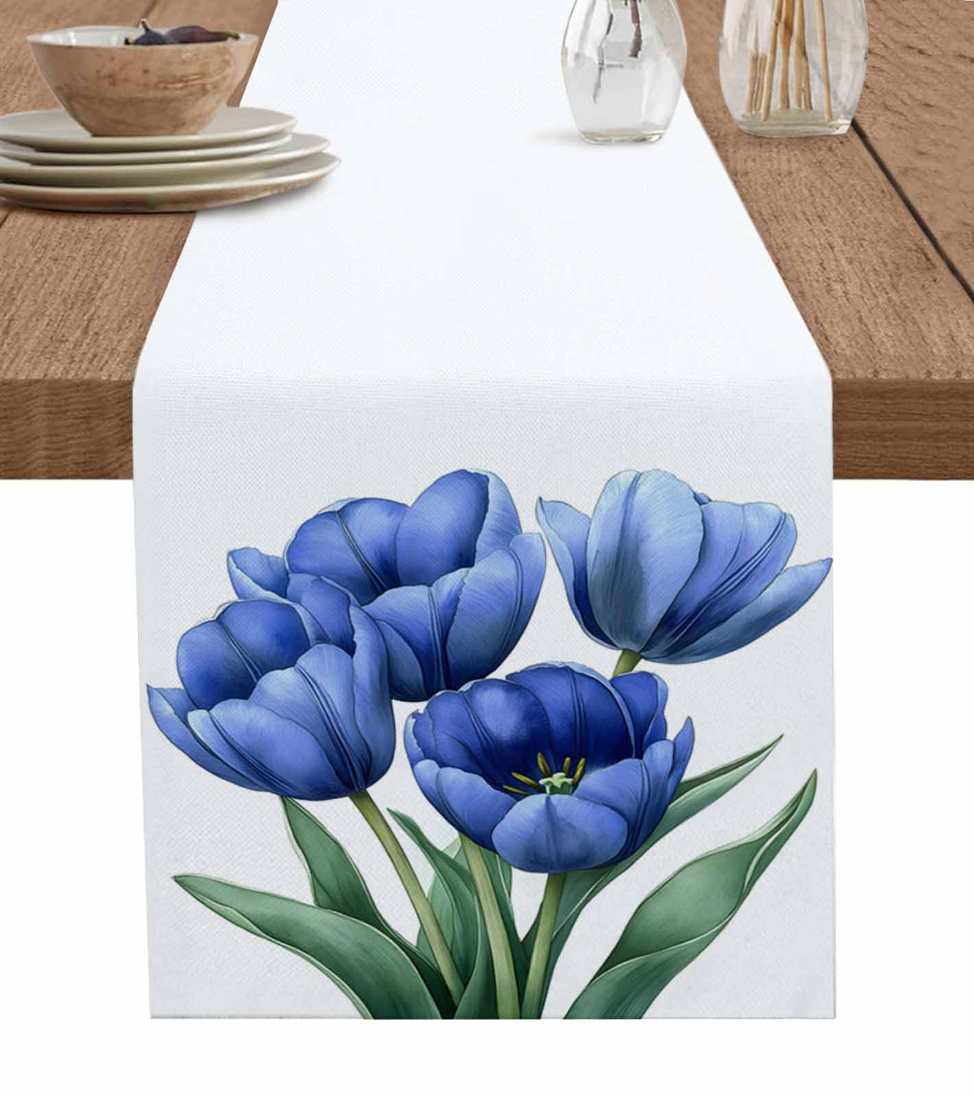 Blue Tulip Table Runner 90 Inches, Spring Floral Botanical Blossom ...