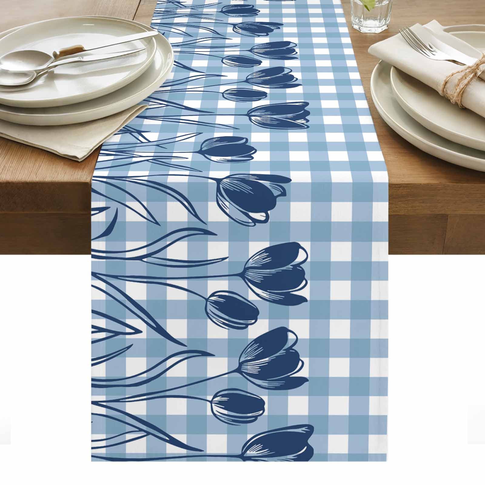 Blue Tulip Table Runner, Blue Flower Silhouette Cotton Linen Table ...