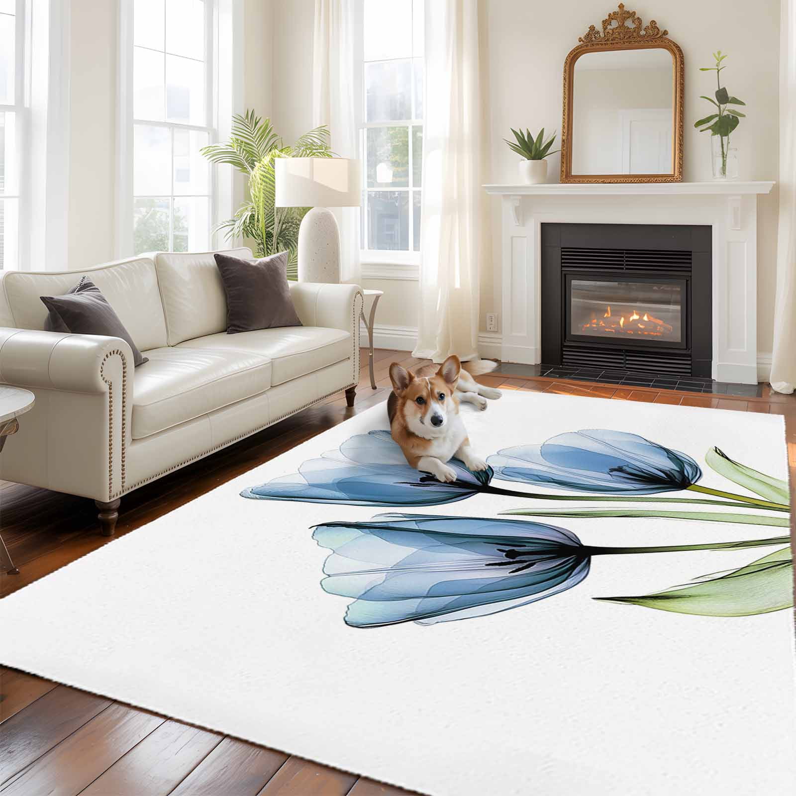 Blue Tulip Washable Area Rug 5x7 Transparent Flowers Minimalist Modern ...