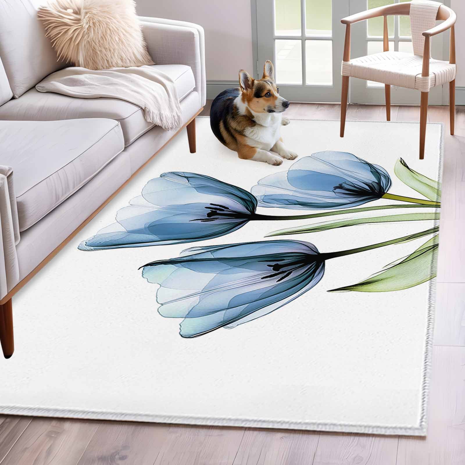 Blue Tulip Washable Area Rugs 4'x6', Transparent Flowers Minimalist ...