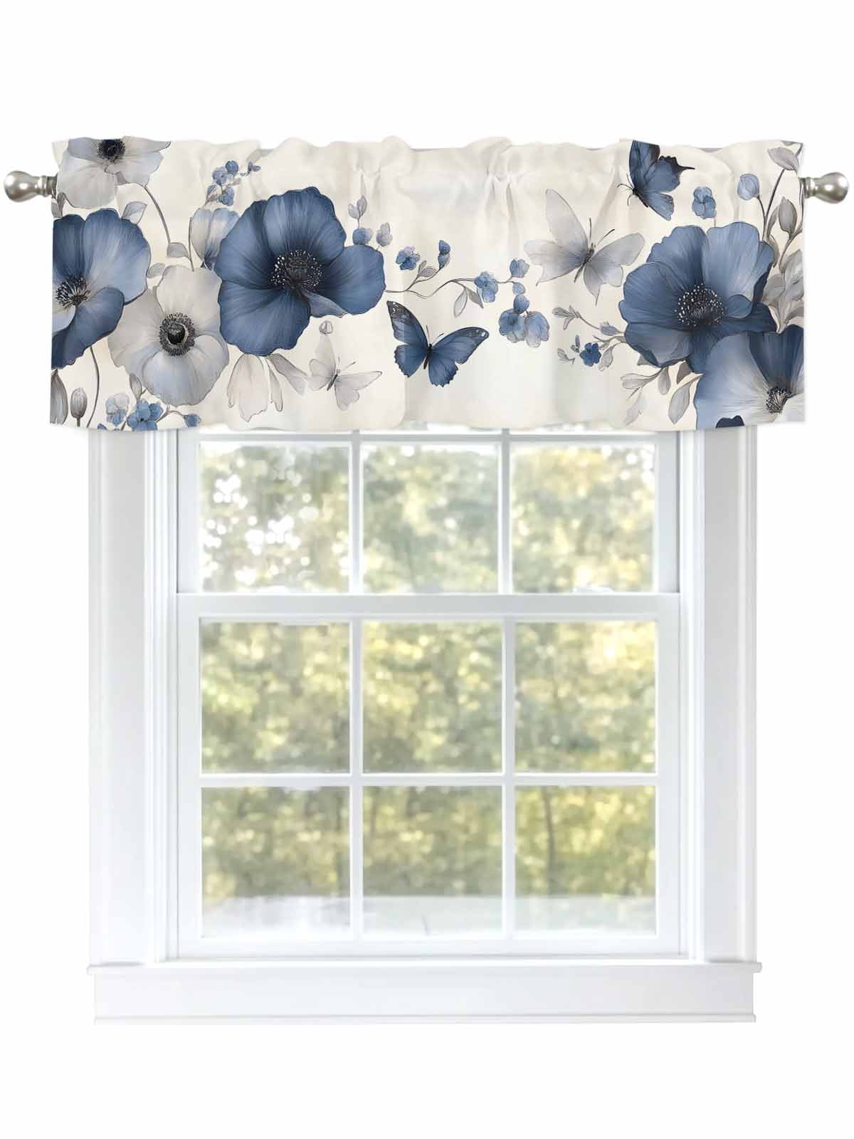 Blue Tulip Wildflower Plant Vintage Butterfly Valances Curtain Kitchen ...