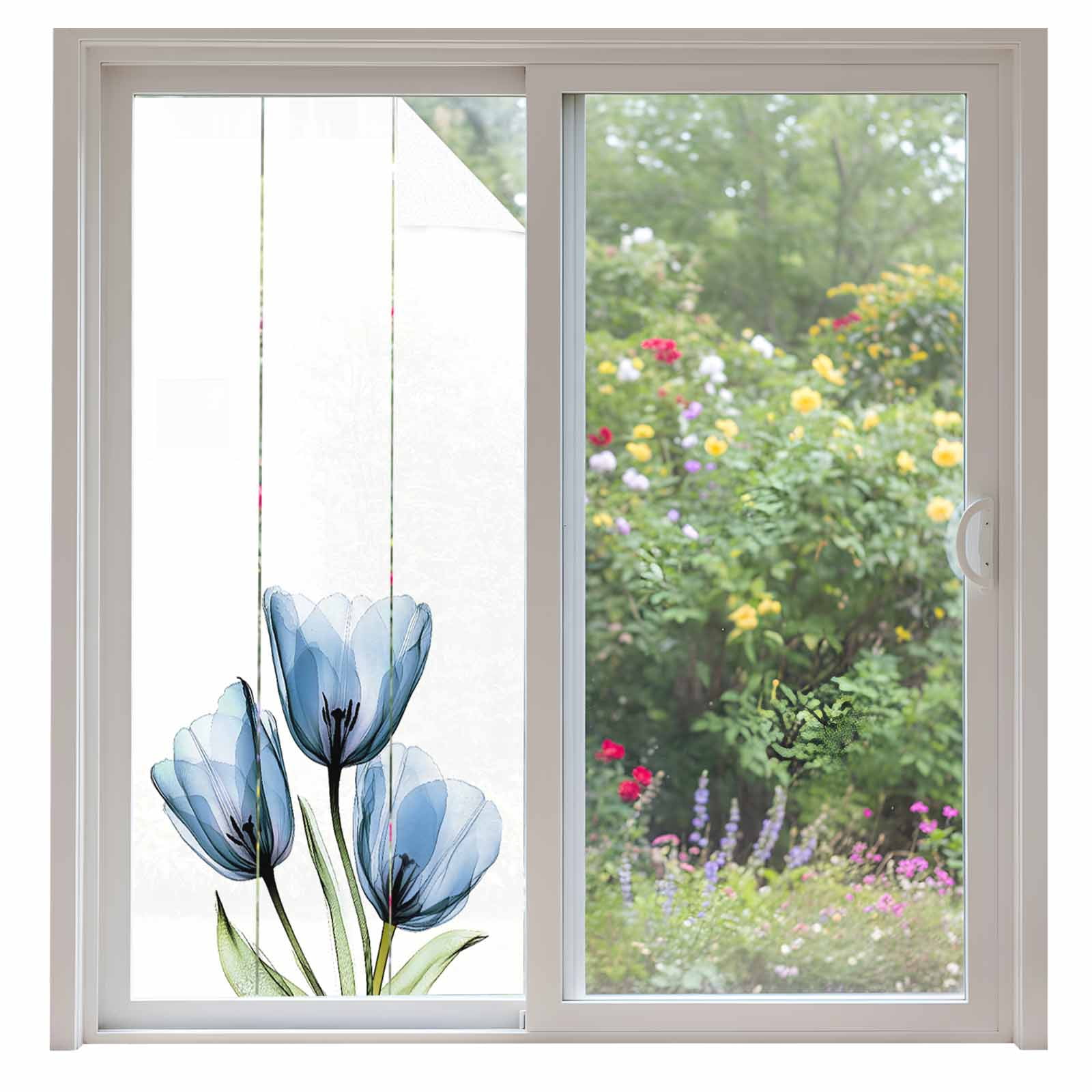 Blue Tulip Window Privacy Film Transparent Flowers Minimalist Modern ...