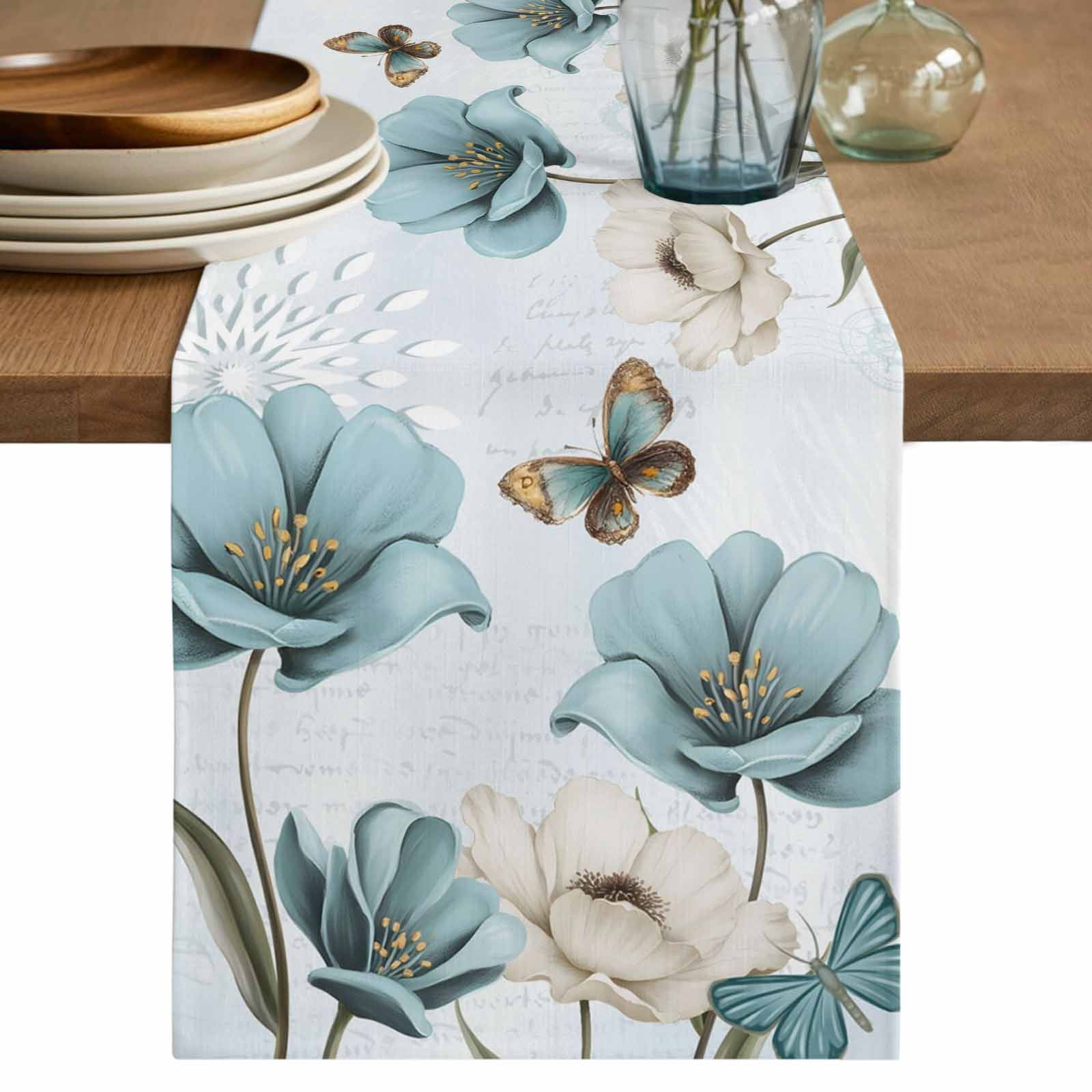 Blue Tulips Cotton Linen Table Runner for Dining Kitchen, Watercolor ...