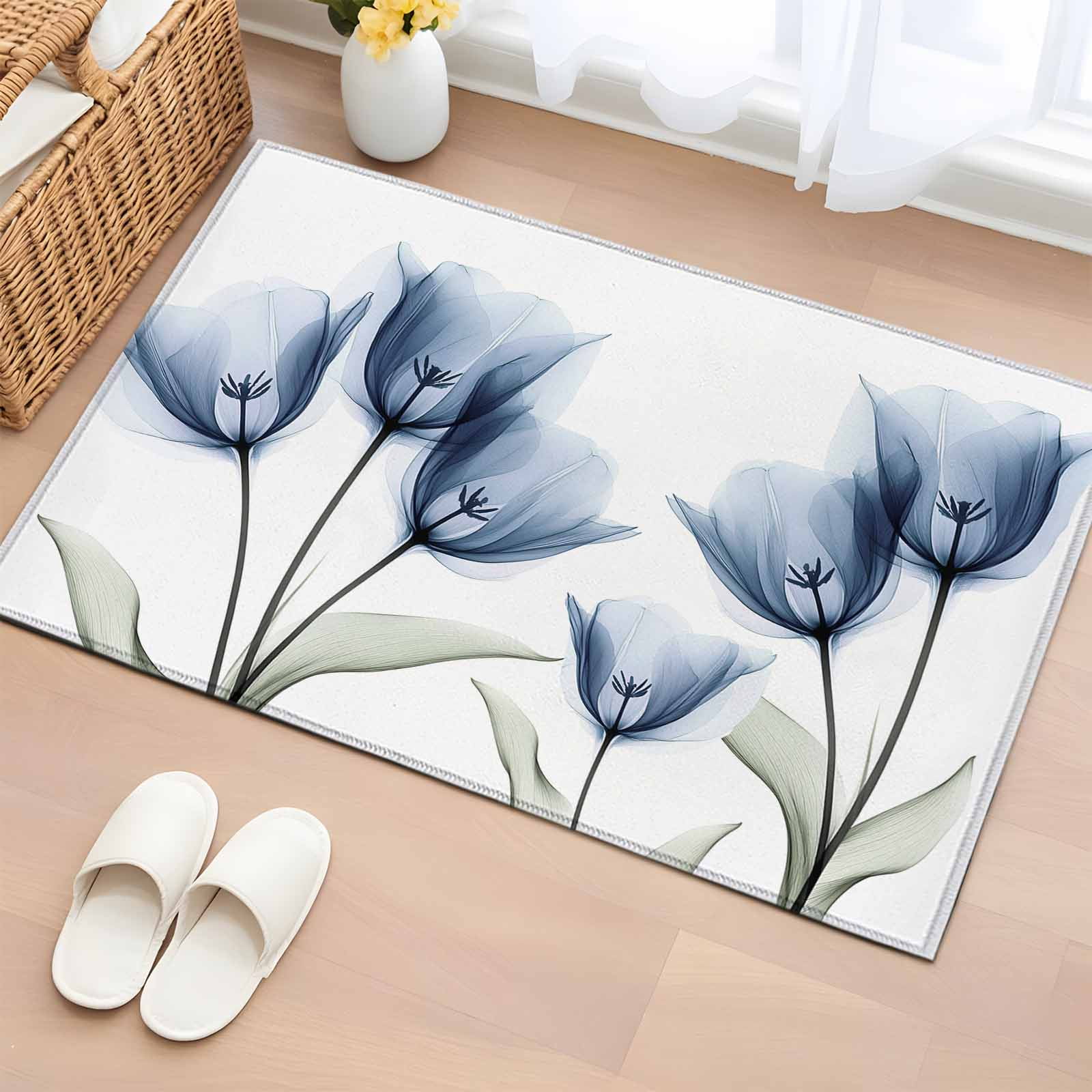 Blue Tulips Floral 2x3 Door Mat Rug, Spring Farmhouse Elegant Flowers ...