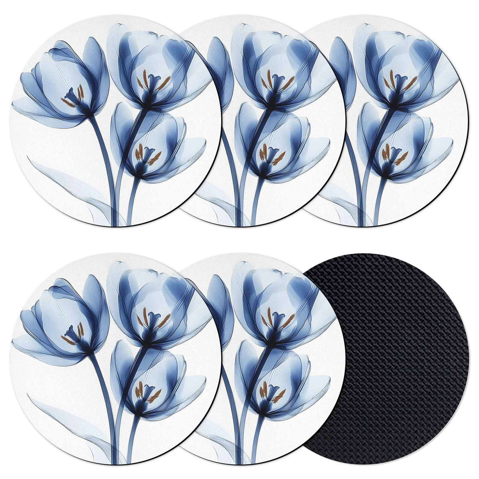 Blue Tulips Floral Coasters for Drinks,Absorbent Non Slip Rubber Drink ...
