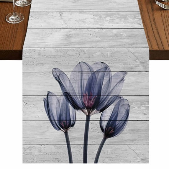 Blue Tulips Flowers Gray Wood Grain Table Runner for Dining Table ...