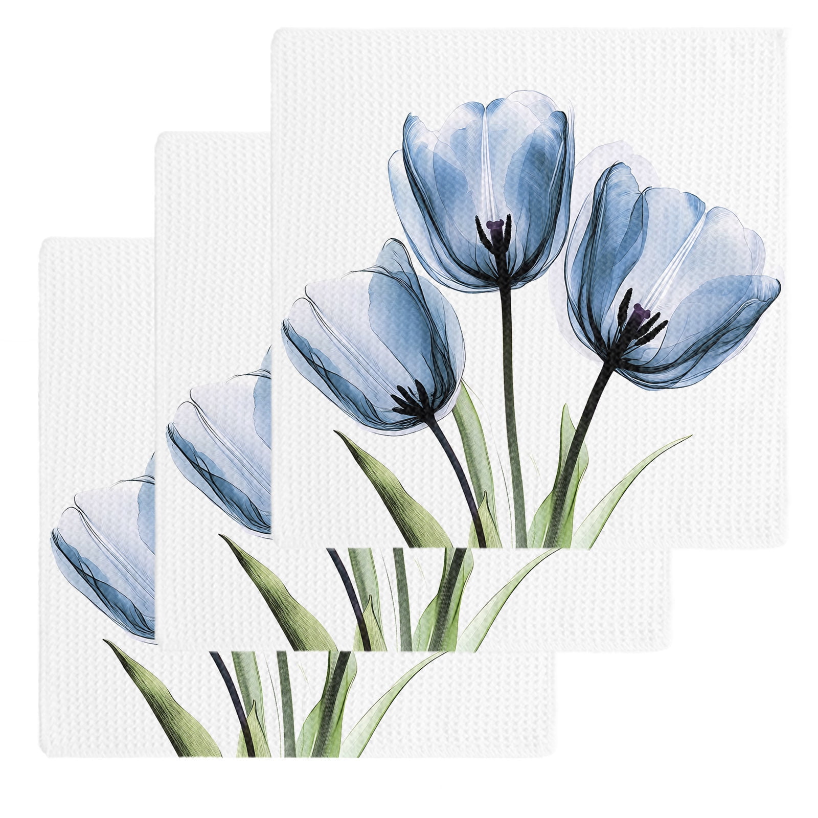 Blue Tulips Kitchen Dish Towels for Drying Dishes Set of 3, Country ...
