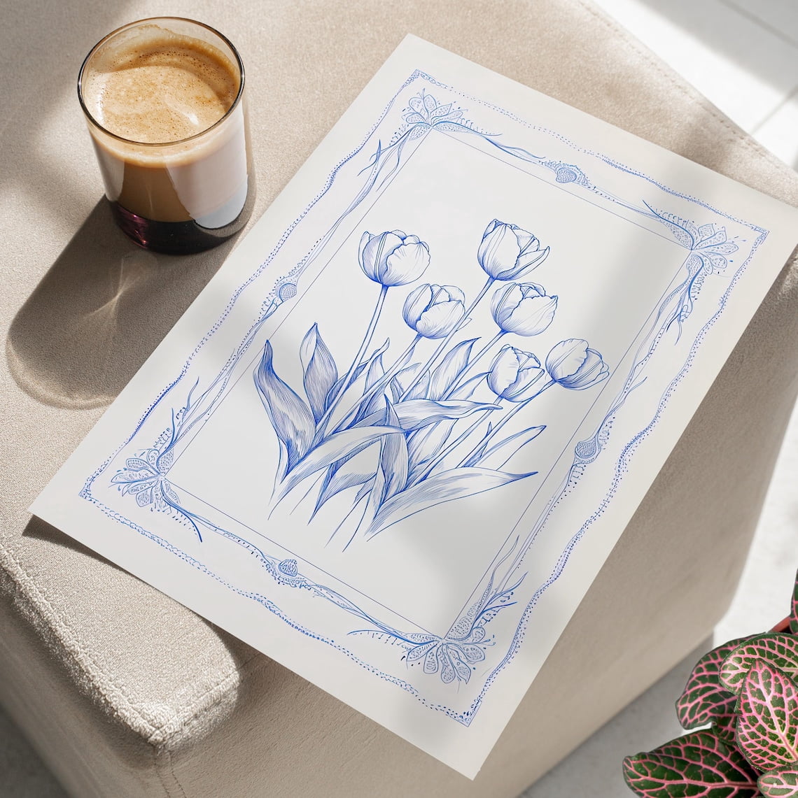 Blue Tulips Line Art Wall Art, Minimalist Botanical Decor, Unframed ...